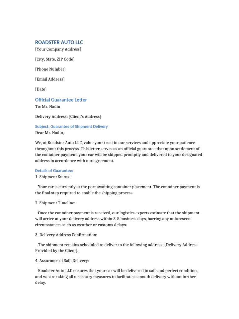 Official Guarantee Letter Roadster Auto LLC | PDF