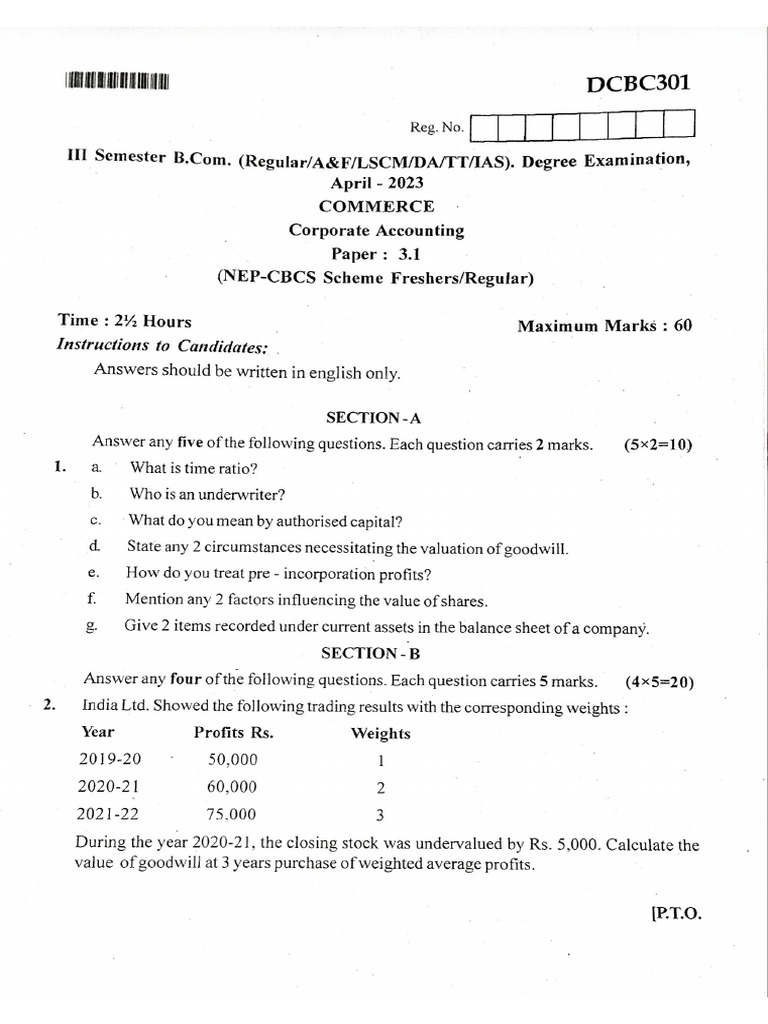 Corp. Acc Question Paper 2023 | PDF