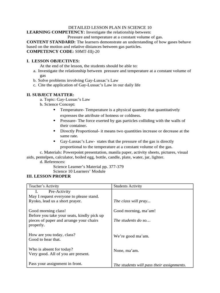 Gay-Lussac's Law Lesson Plan | PDF | Gases | Temperature