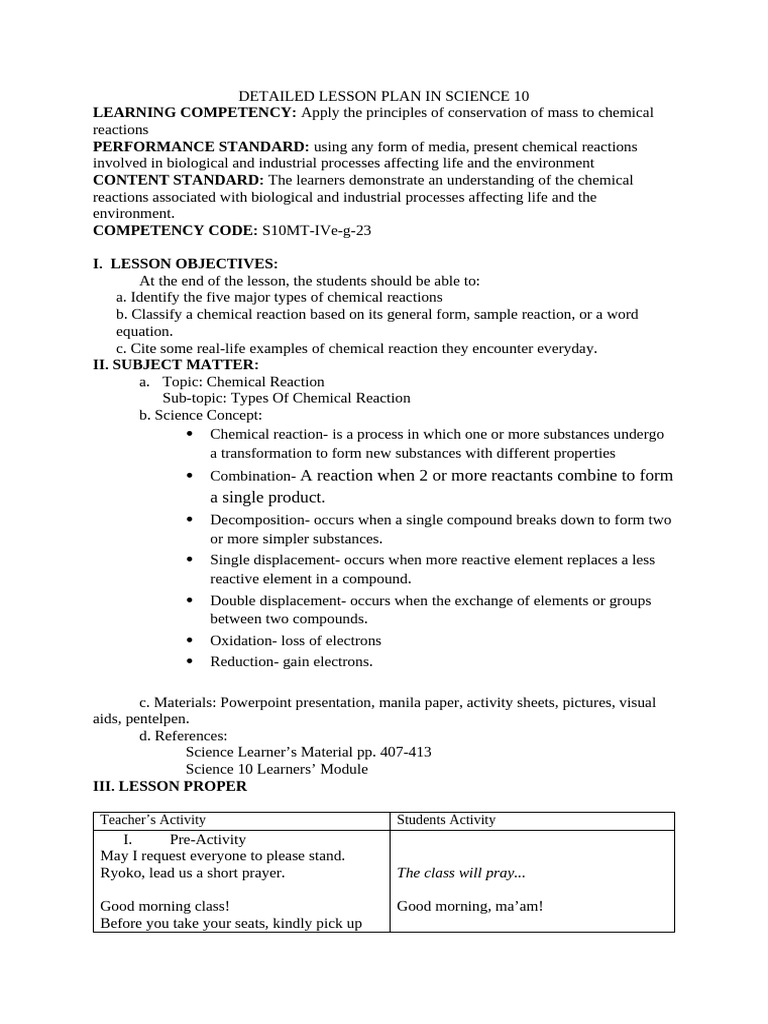 Science 10: Chemical Reactions Lesson Plan | PDF | Chemical Reactions ...