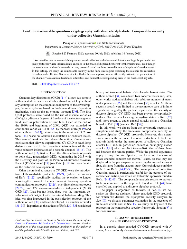 Continuous-Variable Quantum Cryptography With Discrete Alphabets Composable Security | PDF ...