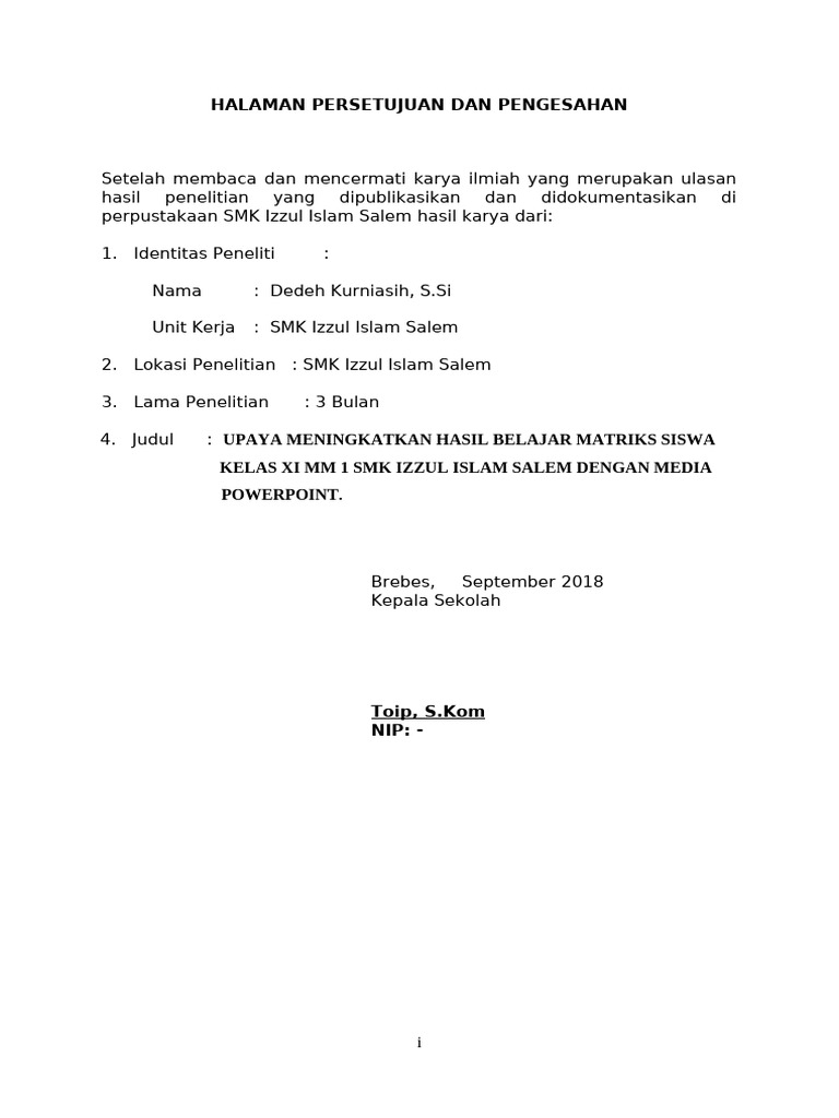 Halaman Persetujuan Dan Pengesahan PTK | PDF