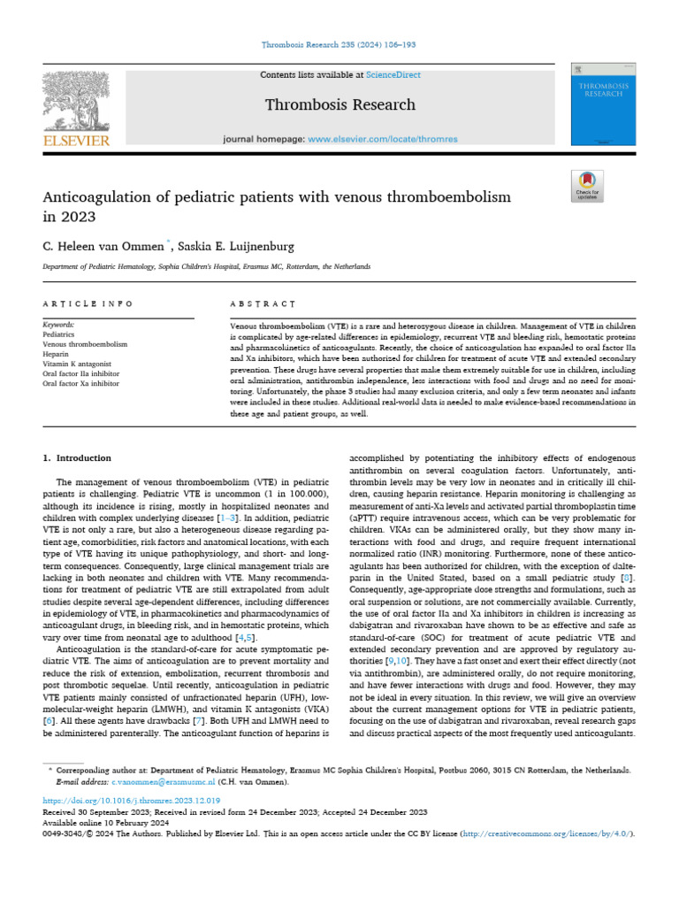 Anticoagulation of Pediatric Patients With Venous Thromboembolism | PDF ...