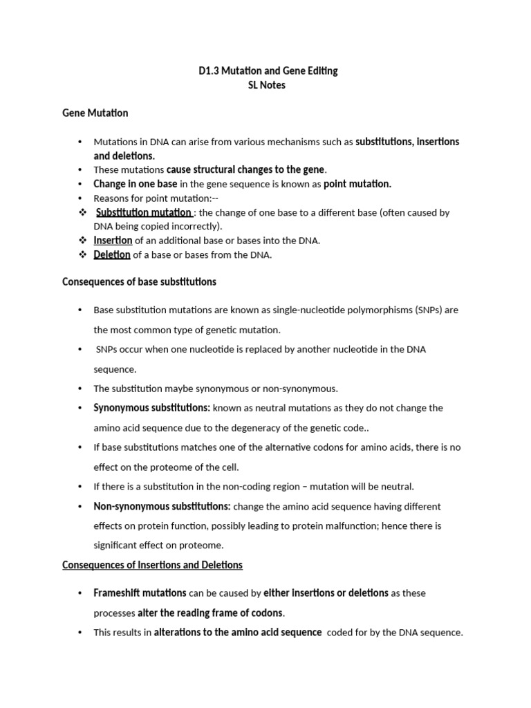 D1.3 Mutation and Gene editing Notes | PDF | Point Mutation | Mutation