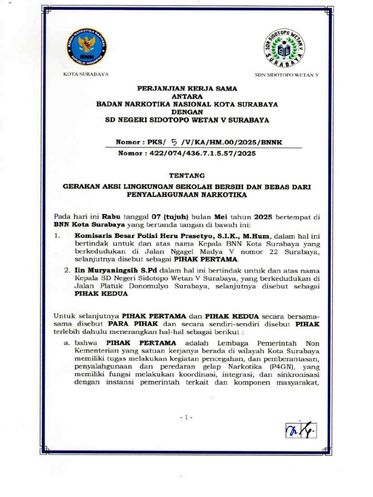 MOU Siwet 5 Dengan BNN Surabaya 2025 SRA | PDF