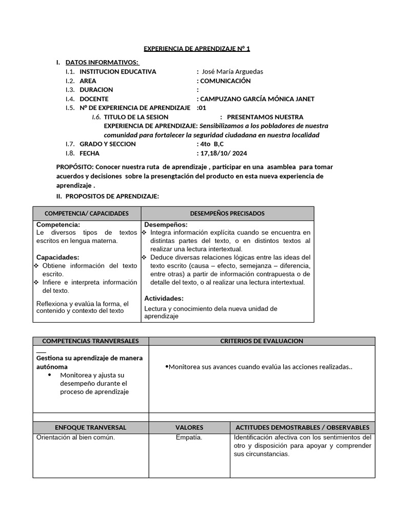 EXPERIENCIA DE APRENDIZAJE 1 4to | PDF | Aprendizaje | Evaluación