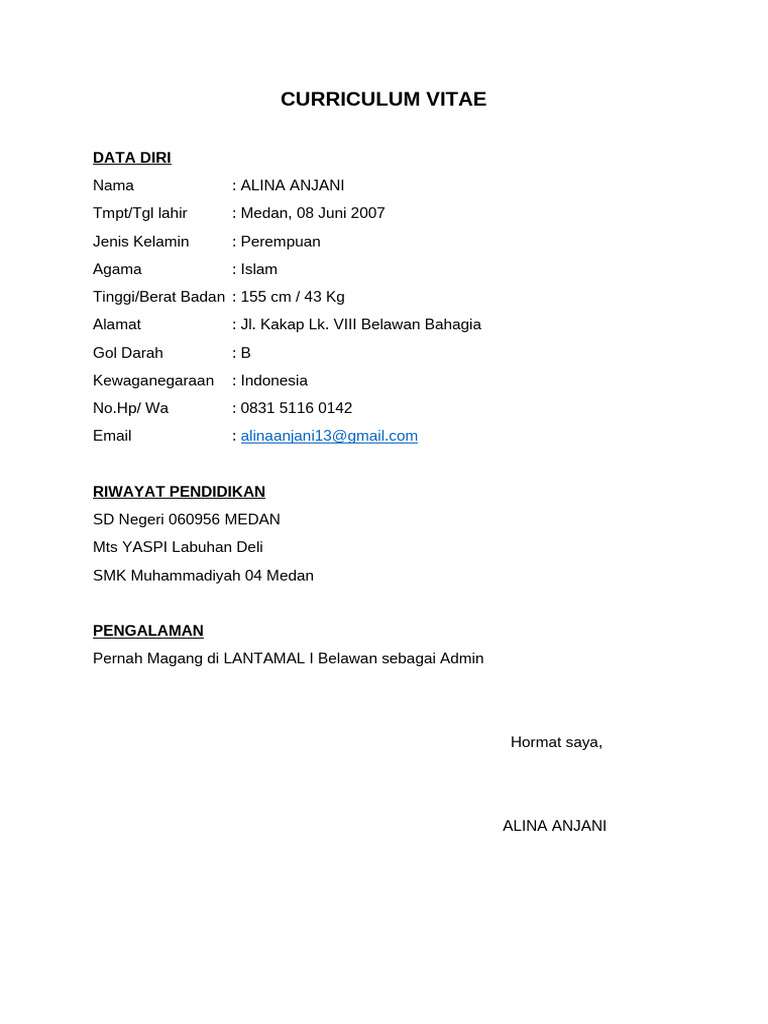CV Alina Anjani: Pendidikan dan Pengalaman | PDF