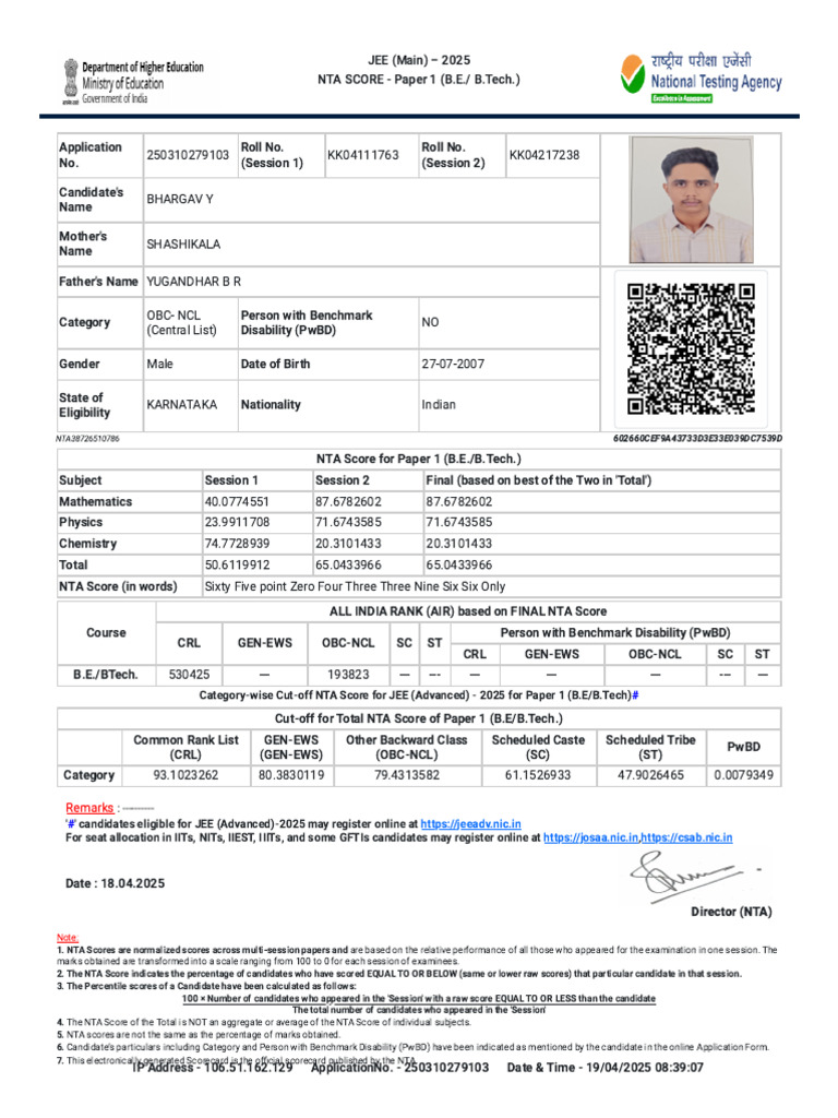 JEE Main 2025 NTA Scorecard Details | PDF | Vocational Education ...