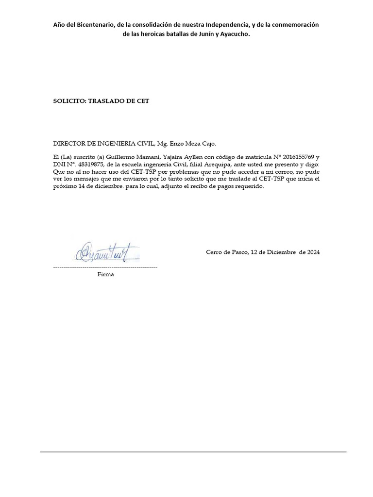 Traslado de Cet | PDF