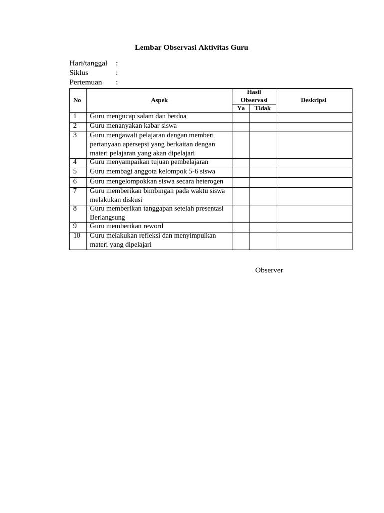 Lembar Observasi guru dan siswa | PDF