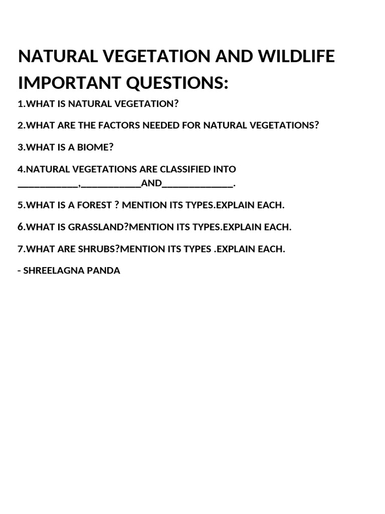 Natural Vegetation and Wildlife Important Questions (1) | PDF