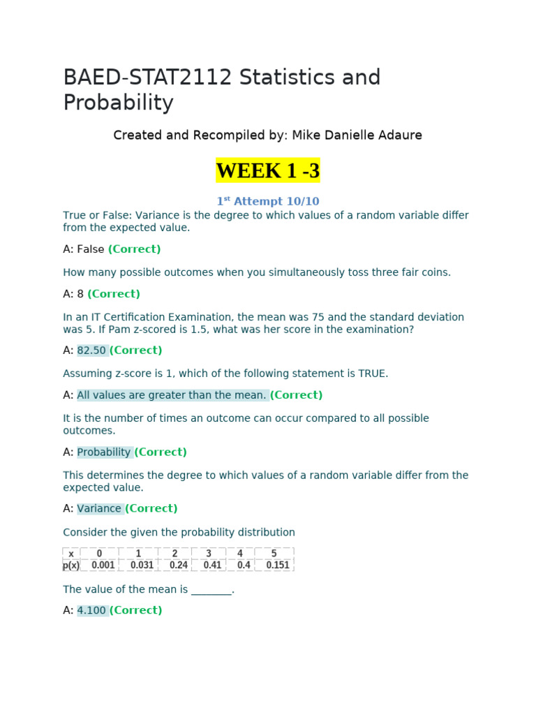 STAT2112 Stats and Probability G11 Week 1-10 Wewo | PDF | Probability Distribution | Confidence ...