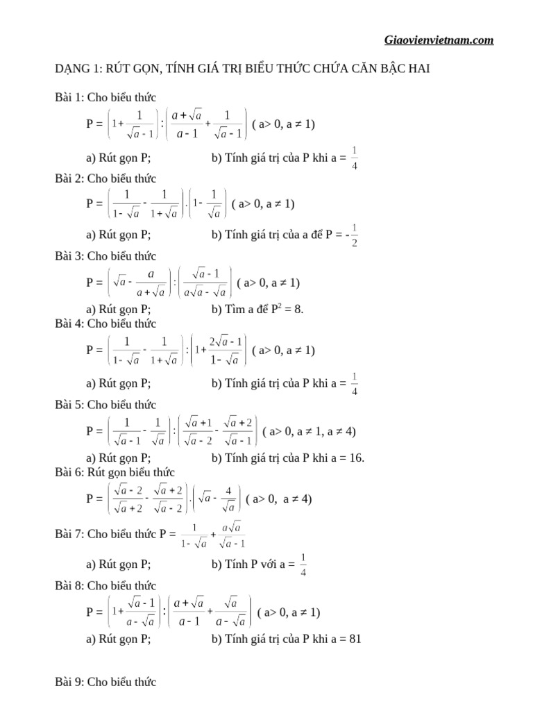 Bai Tap Rut Gon Bieu Thuc Co Chua Can Thuc on Thi Vao 10 | PDF