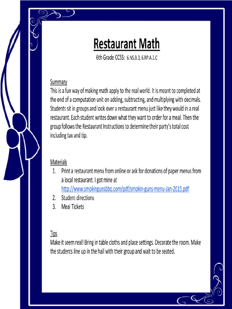 RestaurantMathRealWorldProject 1 | PDF