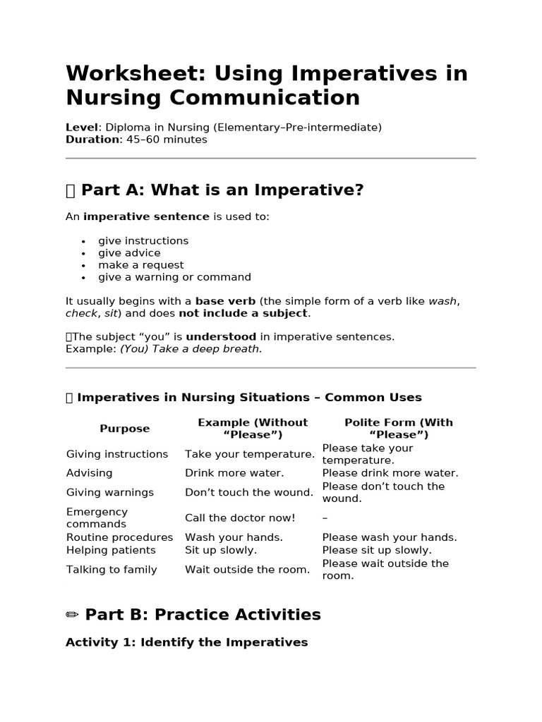 Using Imperatives Worksheet | PDF | Medical Specialties | Health Care