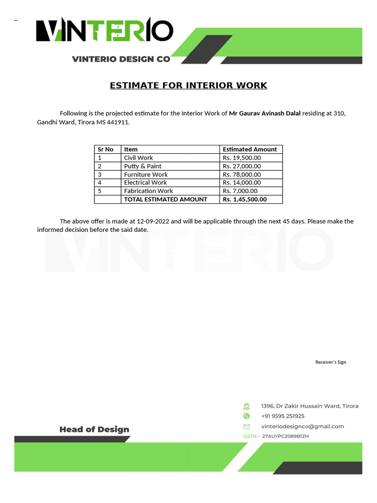 Interior Work Estimate for Mr. Dalal | PDF