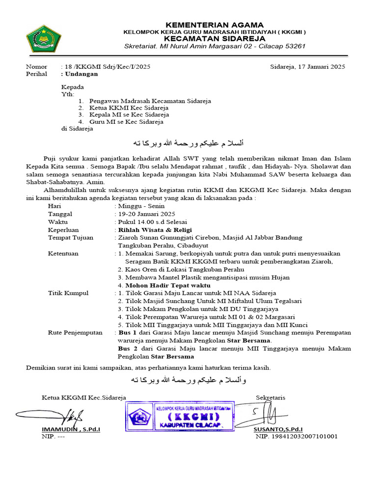 Undangan Pemberangkatan Rihlah Wisata Dan Religi KKG Sidareja 2025 | PDF