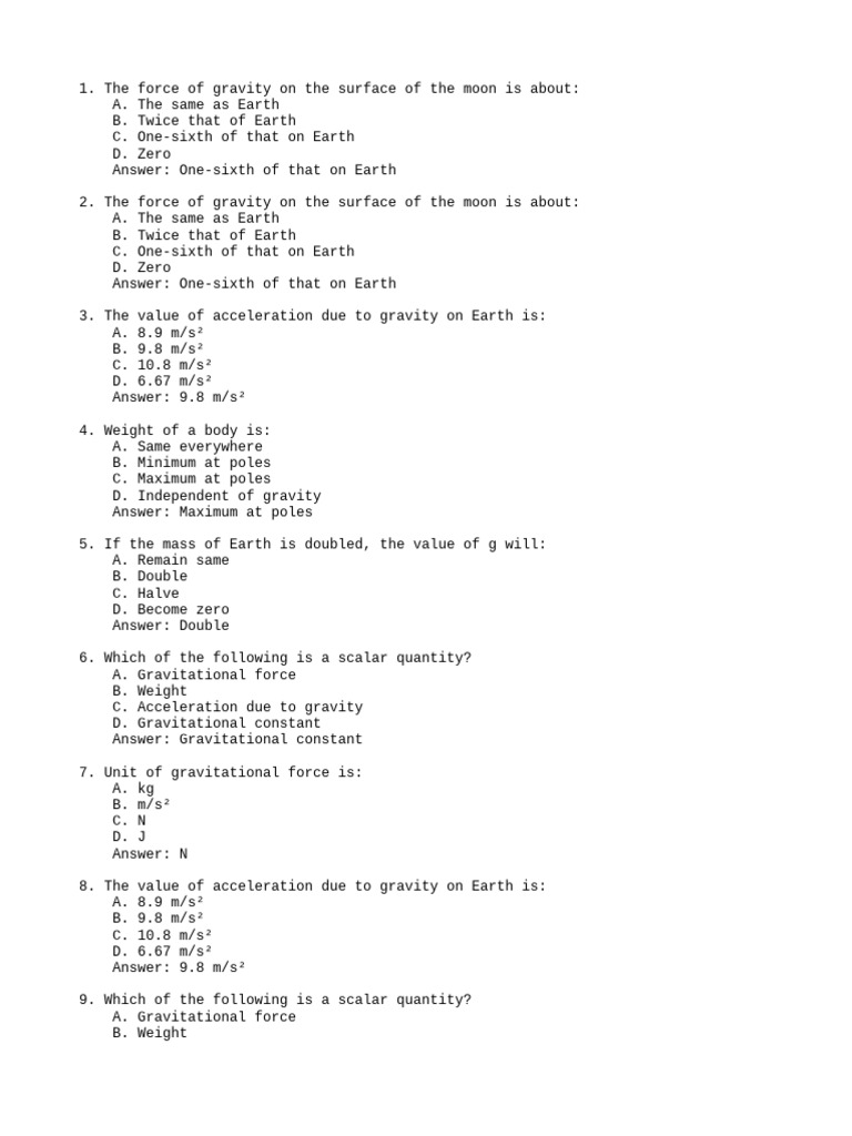 Gravity Gravitation MCQ Class10 | PDF | Weight | Force