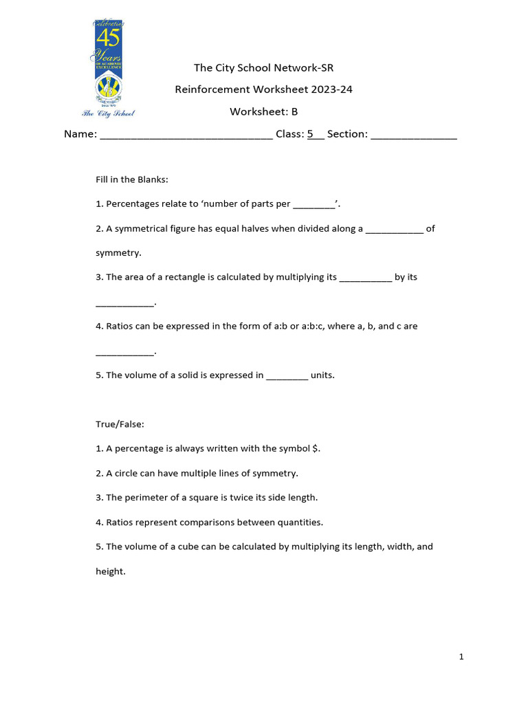 5th Grade Math Reinforcement Worksheet | PDF
