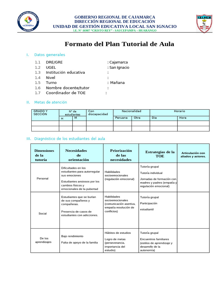 FORMATO DE PLAN TUTORIAL DE AULA (1) | PDF | Las emociones | Salón de clases