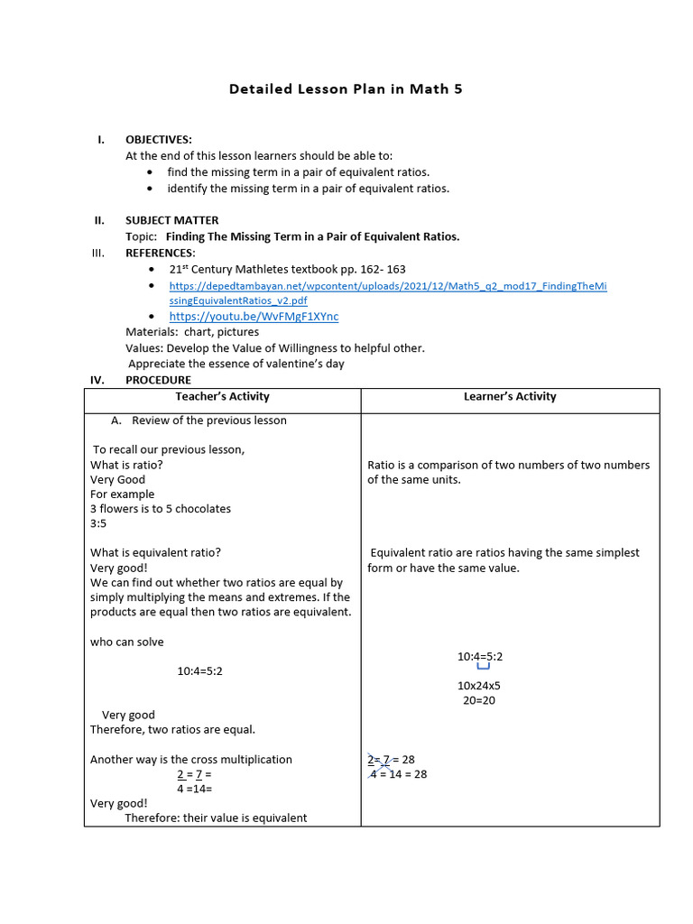 Detailed Lesson Plan in Math 5 | PDF | Ratio | Elementary Mathematics