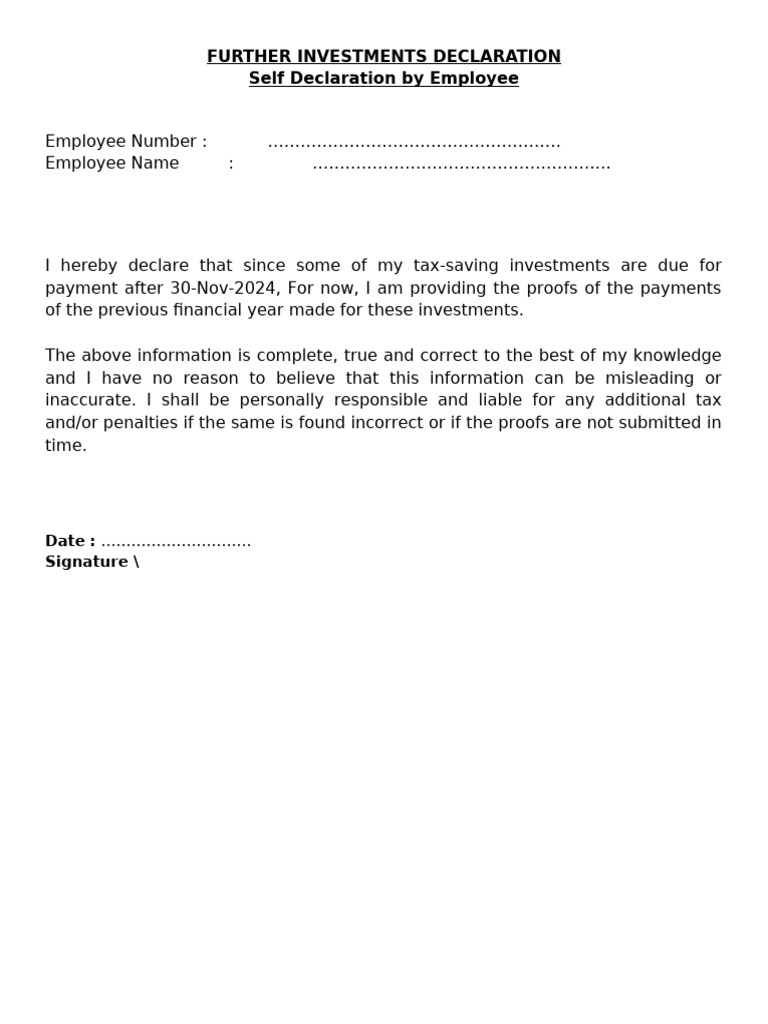 Further Investments Declaration Self Declaration by Employee | PDF