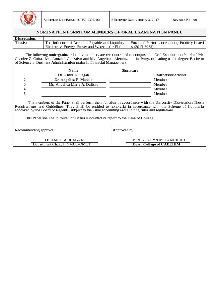 BatStateU FO COL 06 - Nomination Form of Members of Oral Examination ...