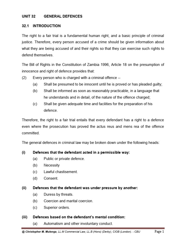 General Defences in Criminal Law | PDF | Insanity Defense | Mens Rea