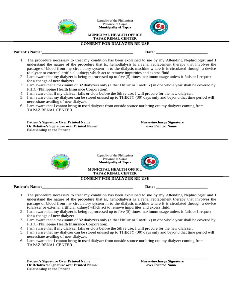 REUSE DIALYZER CONSENT - Phic | PDF | Hemodialysis | Kidney