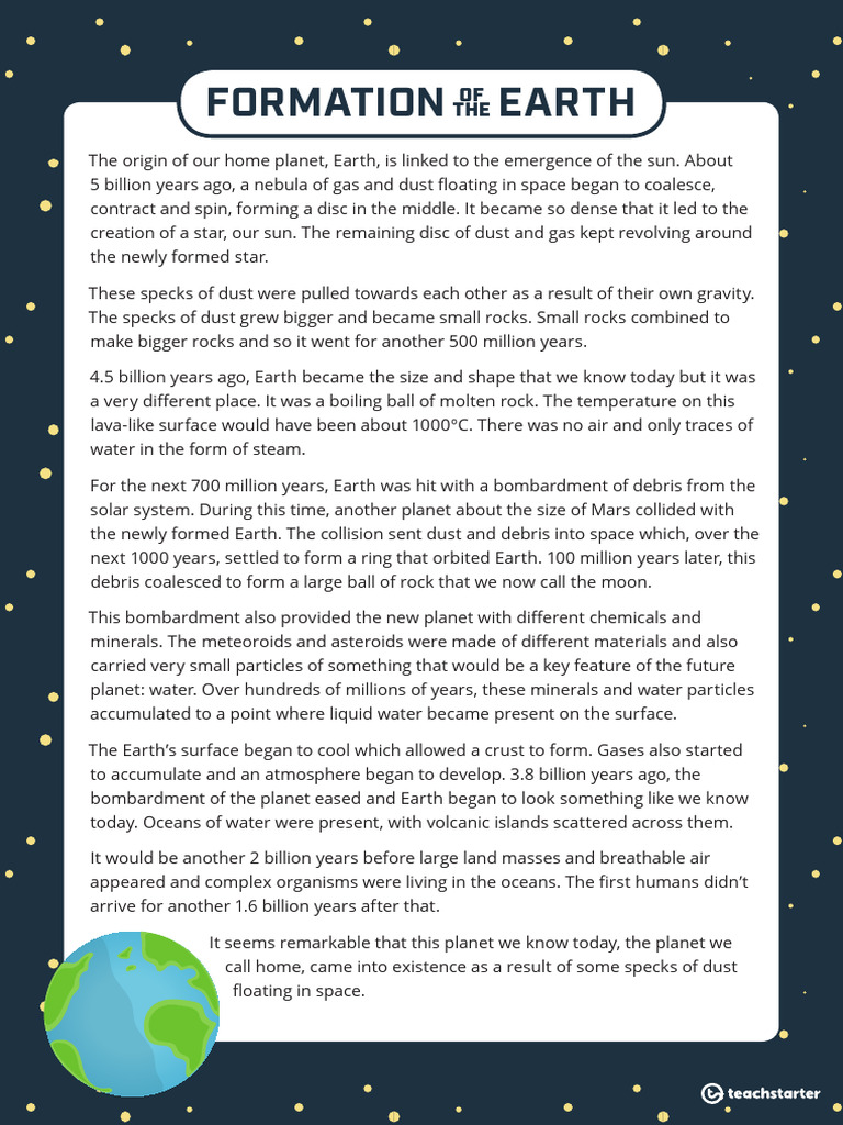 Formation of Earth Reading Comprehension Work Sheeta Do Be Reader | PDF ...