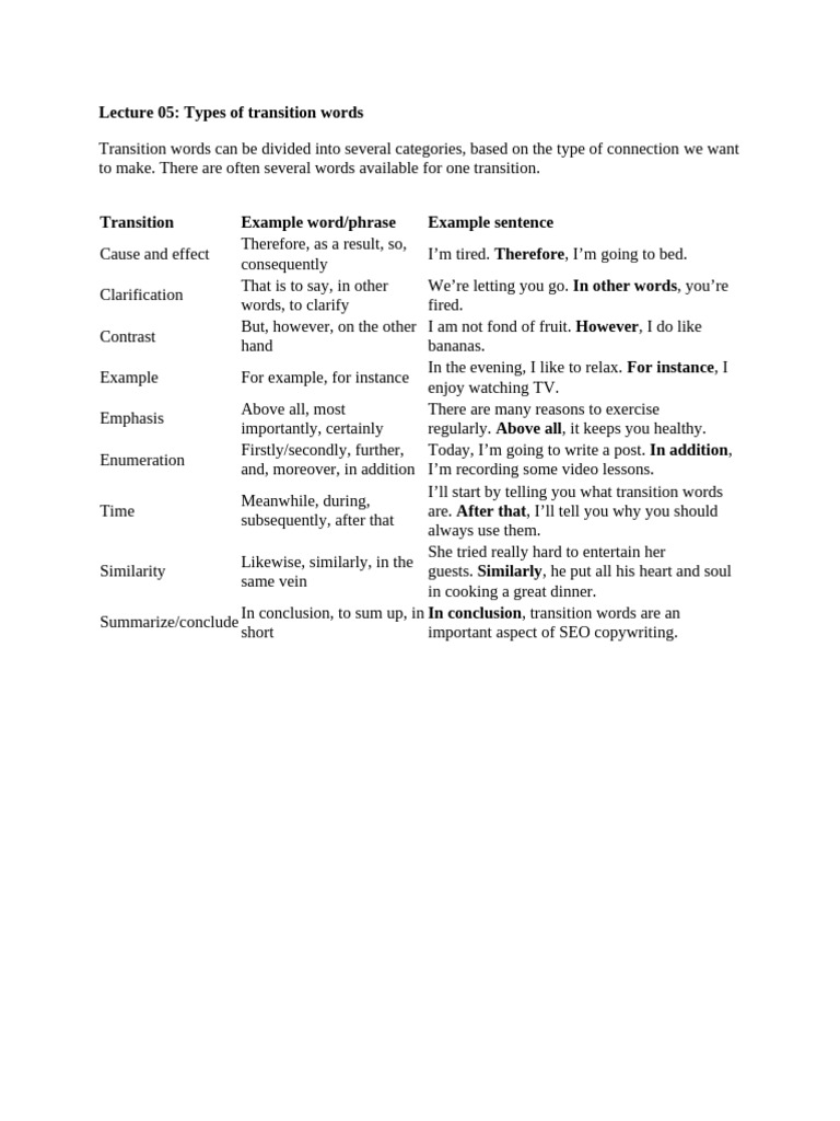 Types of Transition Words Explained | PDF