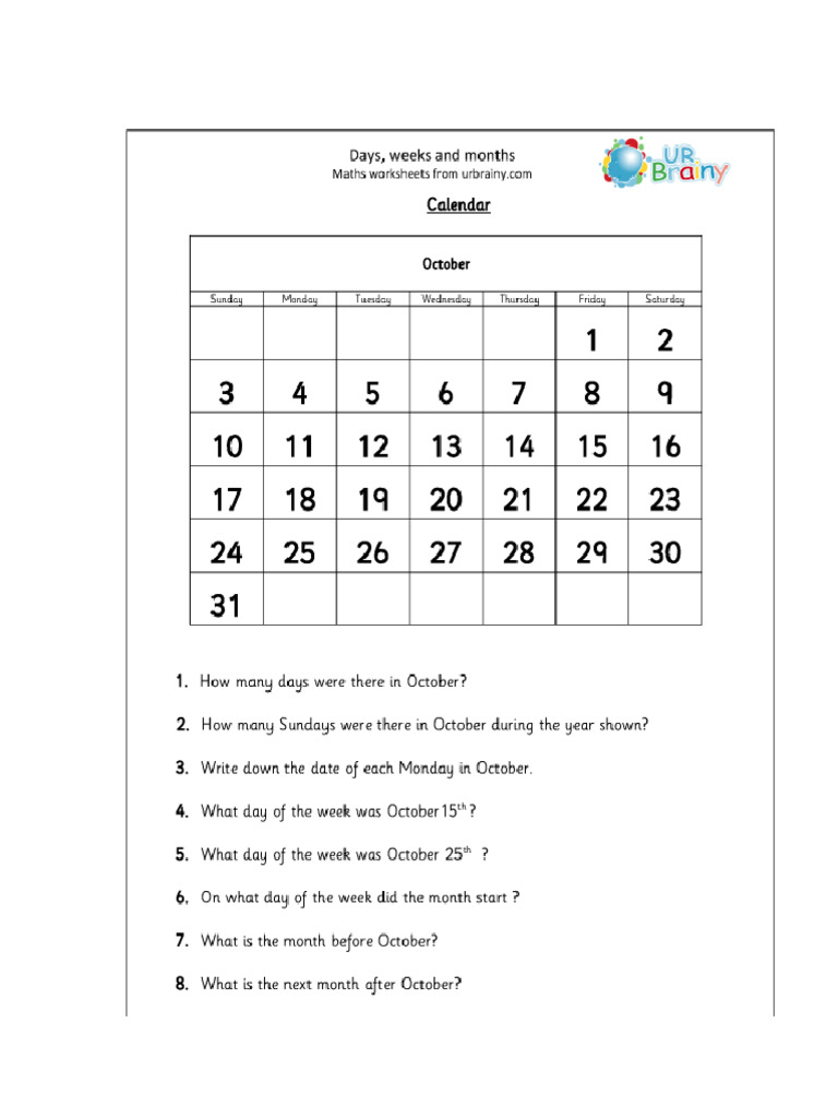 Math Worksheet, Days and Months of The Year. | PDF