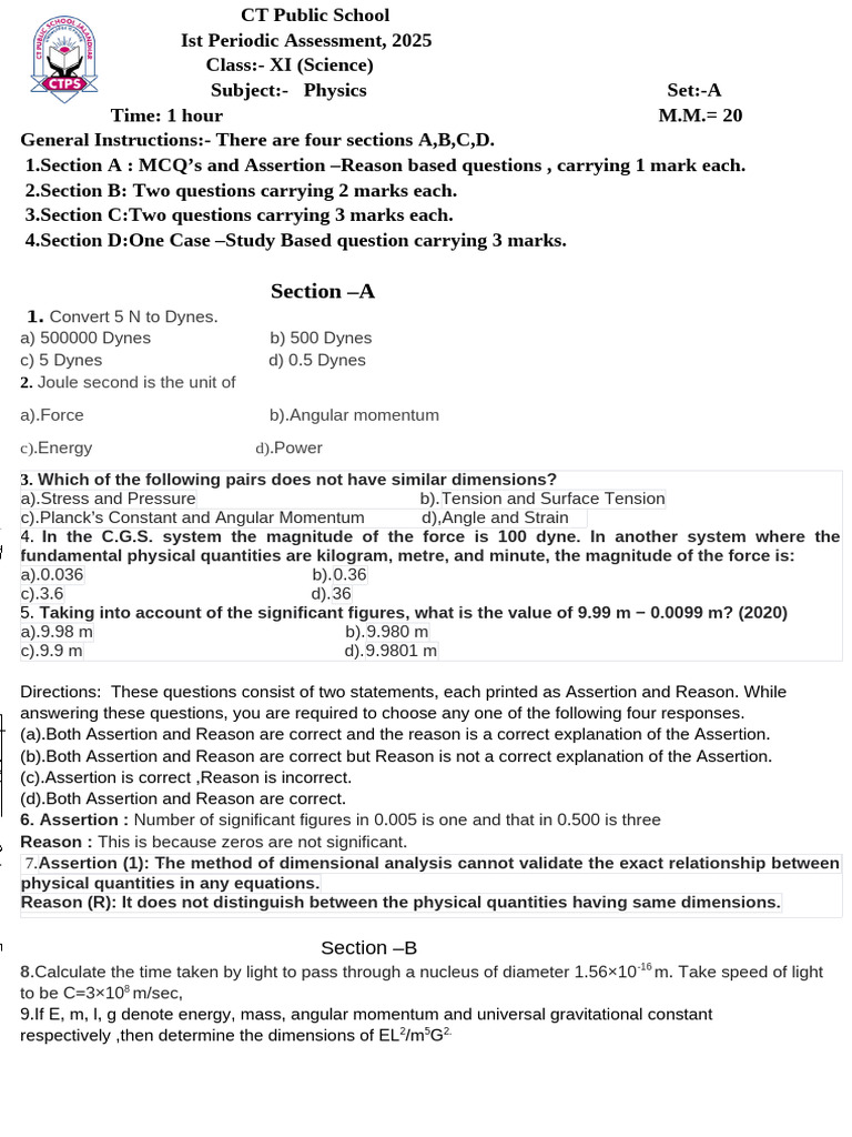 pt1 Physics Class 11, Set A | PDF | International System Of Units | Quantity