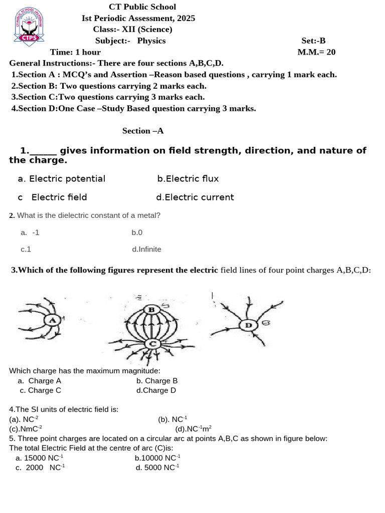 pt1 Physics Class 12, Set B | PDF | Electric Field | Force