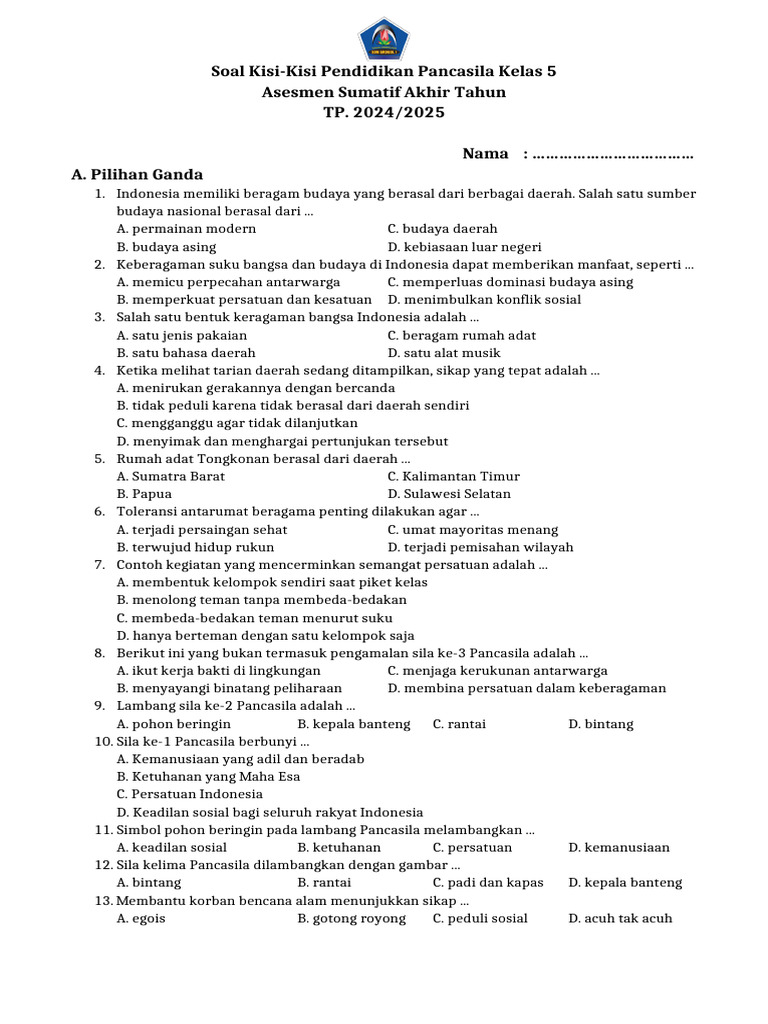 Soal PPKN Kelas5 ASAT 2024-2025 | PDF