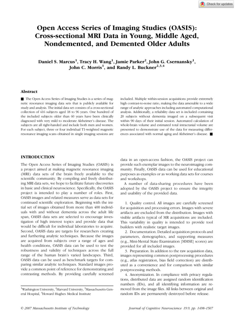 Open Access Series of Imaging Studies OASIS Cross | PDF | Medical ...