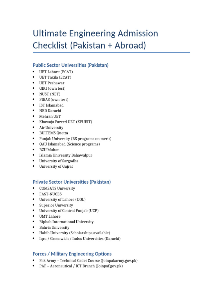 Engineering Admissions Checklist Ash | PDF