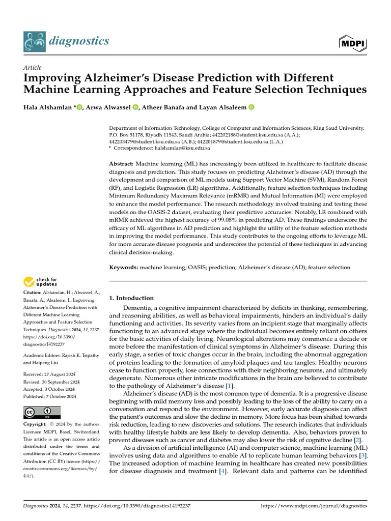 Improving_Alzheimer’s_Disease_Prediction | PDF | Cross Validation (Statistics) | Machine Learning