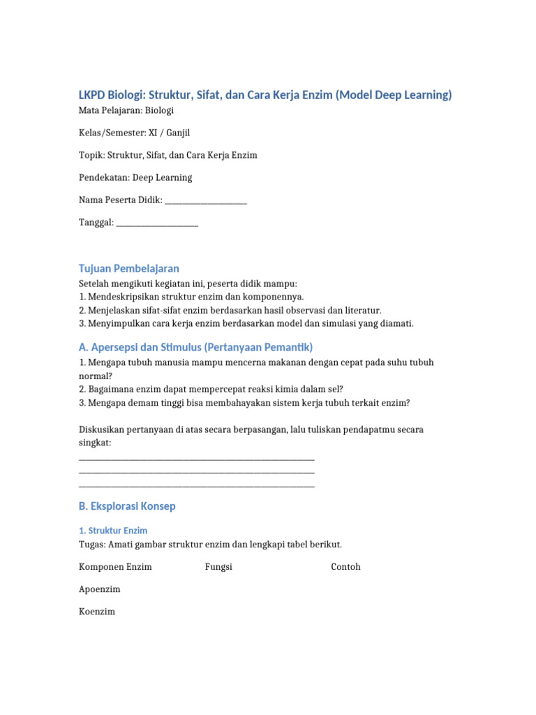 LKPD Enzim Struktur Sifat CaraKerja | PDF