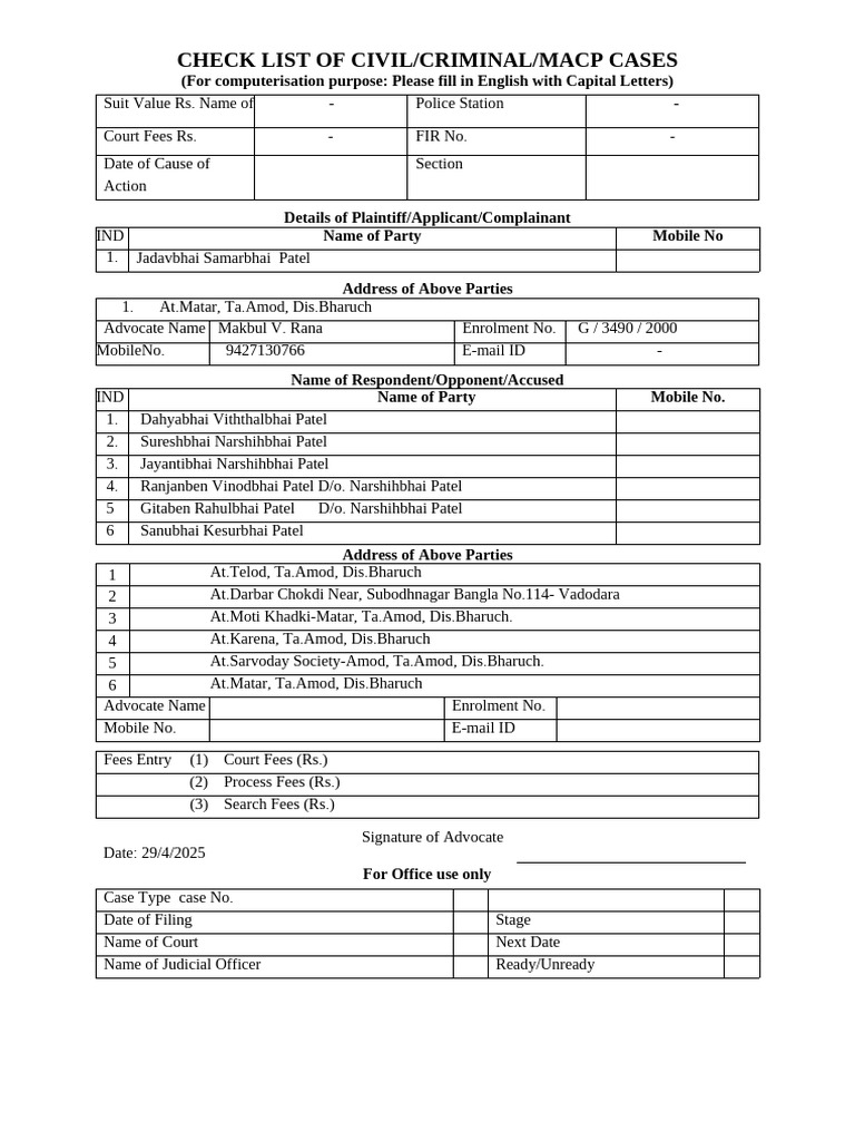 Criminal Case Checklist Form | PDF
