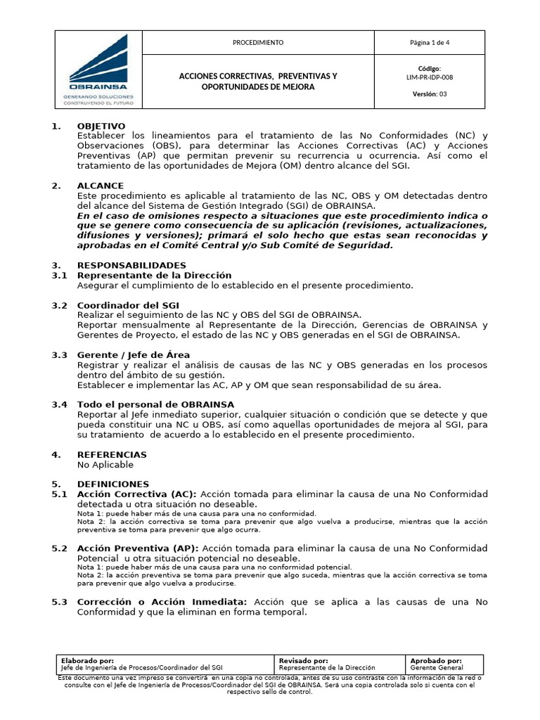 LIM-PR-IDP-008 V03 Acciones Correctivas, Preventivas y OPM | PDF