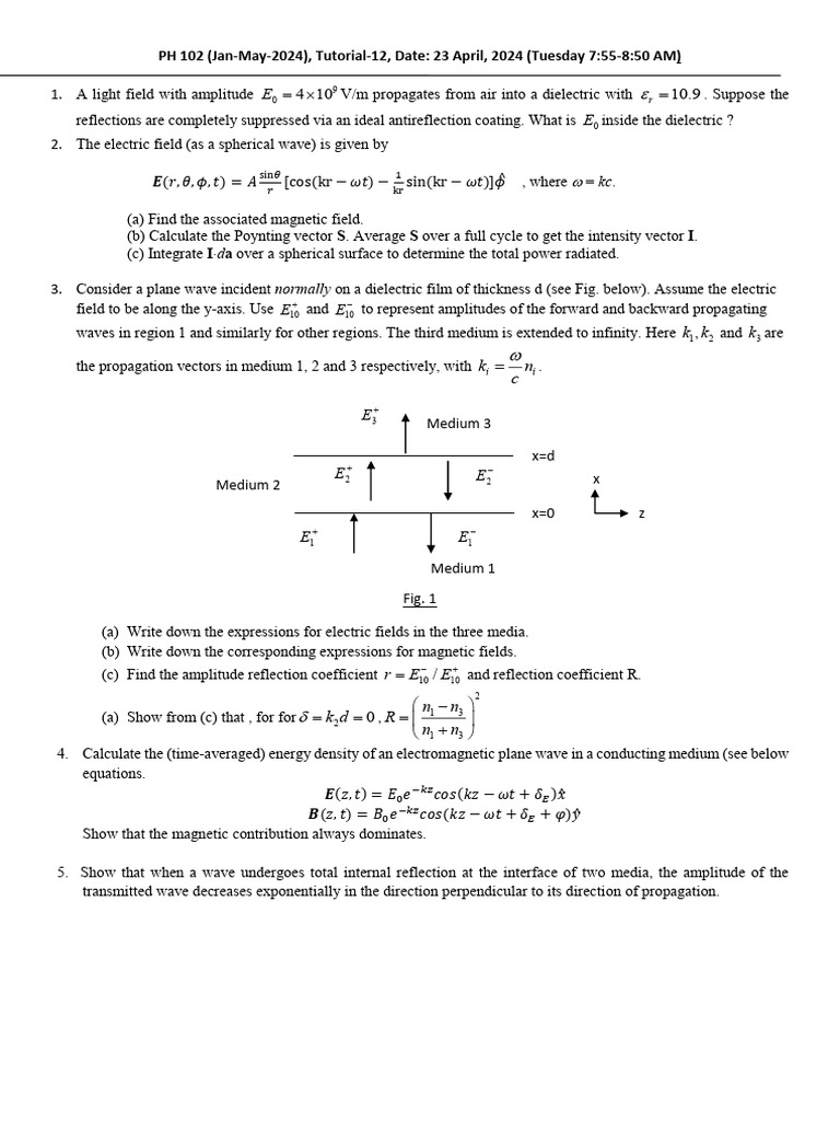 Tutorial 12-on-23-April-2024 | PDF | Waves | Reflection (Physics)