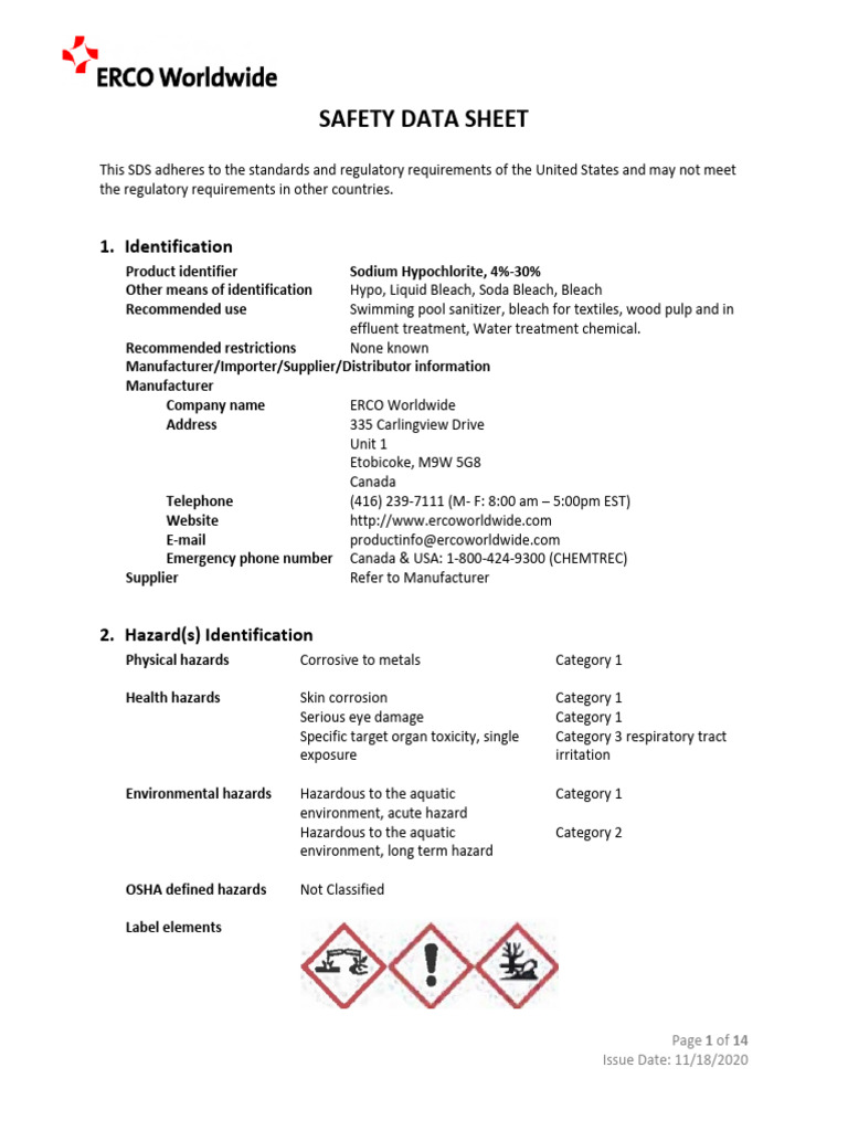 SAFETY DATA SHEET US Sodium Hypochlorite Solution Effluent | PDF ...