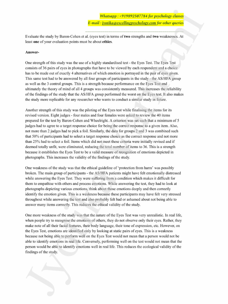 10 Marker Model Answer For Paper 1 AS Core Studies Baron Cohen by ...