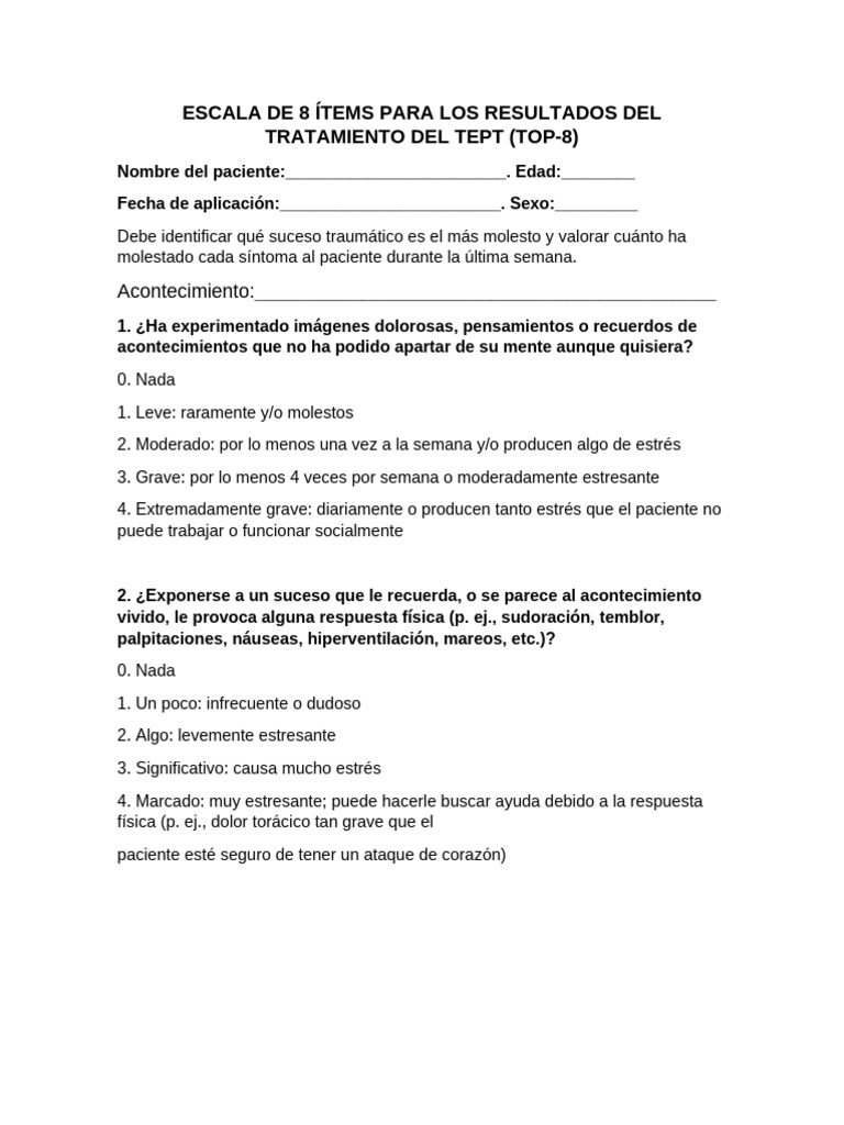 ESCALA DE 8 ÍTEMS PARA LOS RESULTADOS DEL TRATAMIENTO DEL TEPT | PDF | Trastorno mental | Sicología