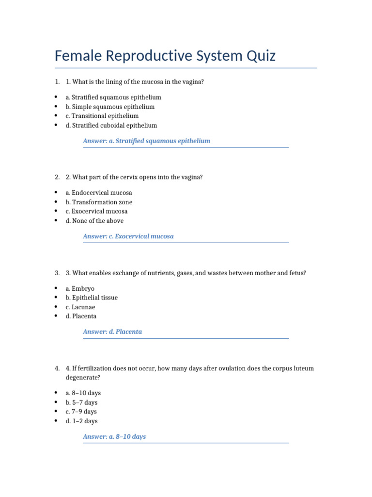 Female Reproductive System Quiz Questions | PDF