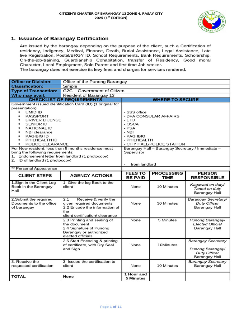 Barangay 13 Zone 4 Citizens Charter Handbook 2025 (Revised) For ...