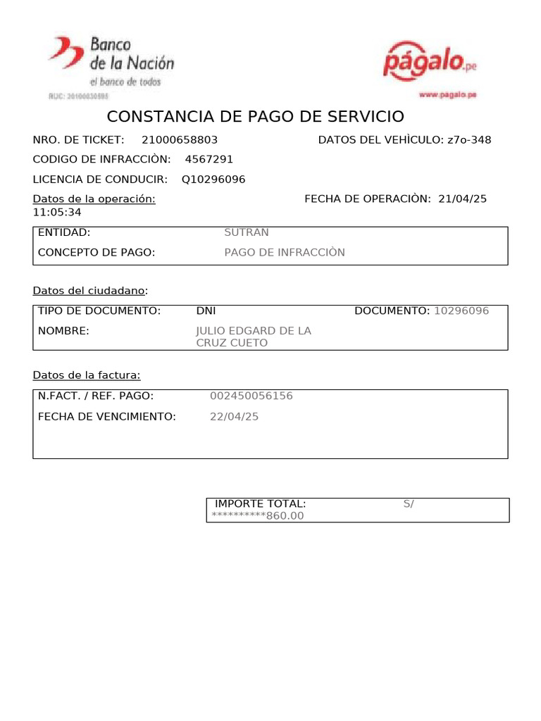 Constancia de Pago de Servicio de Papeleta | PDF