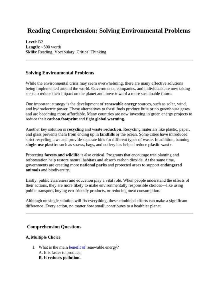 Reading Comprehension 2 - Solving Environmental Problems | PDF ...