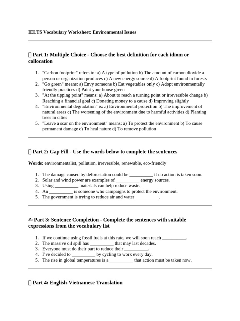 IELTS Vocabulary: Environmental Terms Worksheet | PDF | Climate Change ...